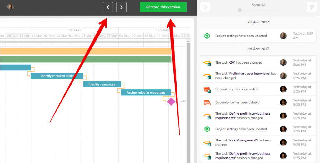 History of Changes, Undo and Restore Features for Multiple Projects