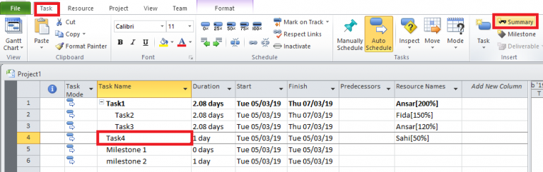 How to Add a Milestone and a Summary Task in MS Project