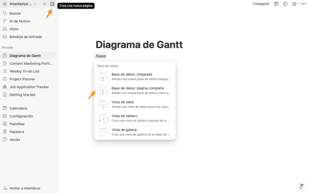 Diagrama de Gantt en Notion