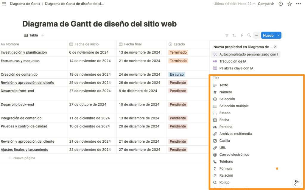 Diagrama de Gantt en Notion