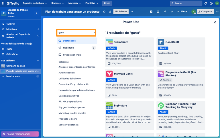 Diagrama de Gantt en Trello