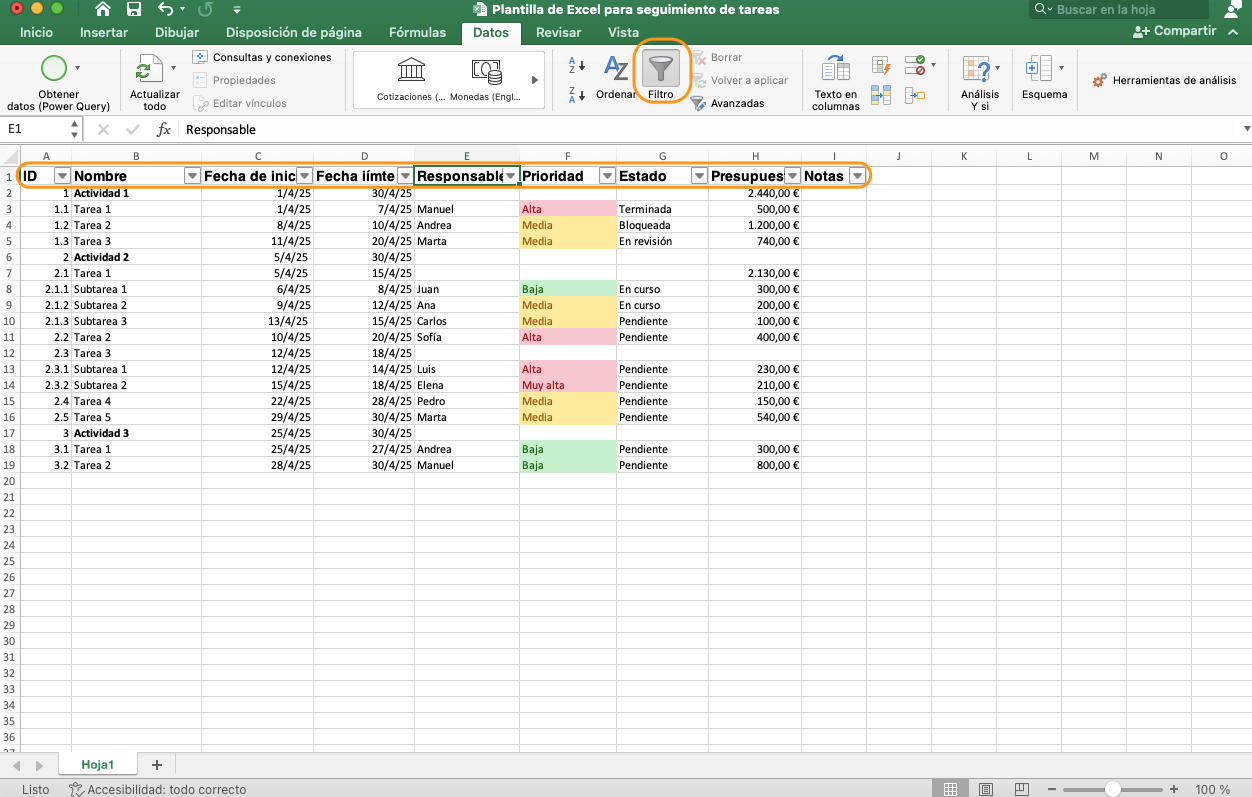 Plantilla de seguimiento de actividades en Excel