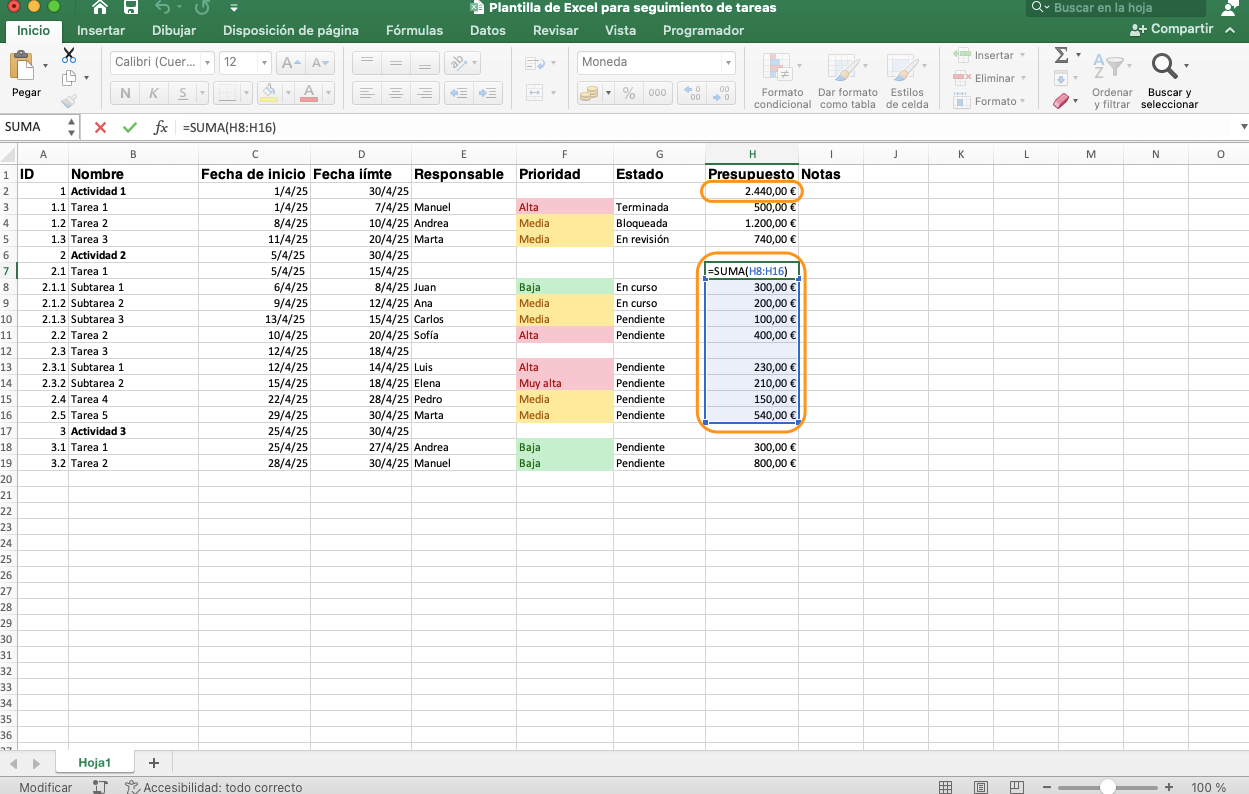 Plantilla de seguimiento de actividades en Excel